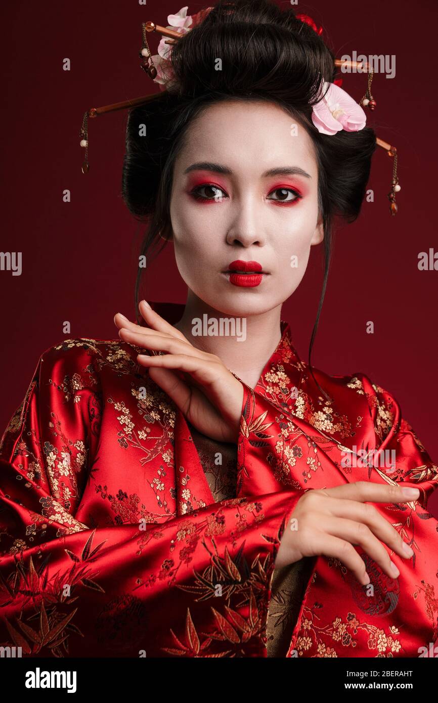 Image of charming geisha woman in traditional japanese kimono dancing ...