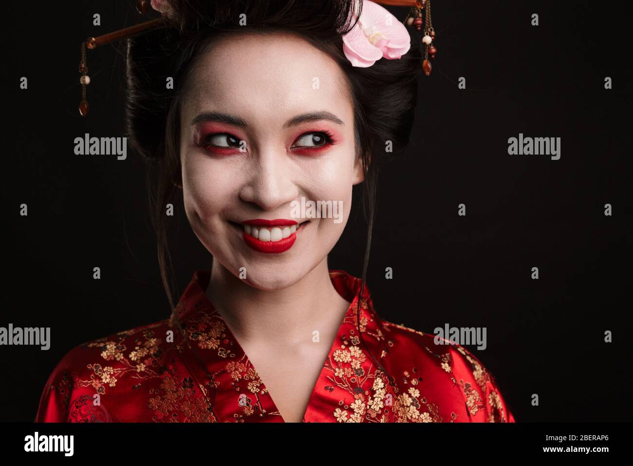 Image of happy geisha woman in traditional japanese kimono smiling ...