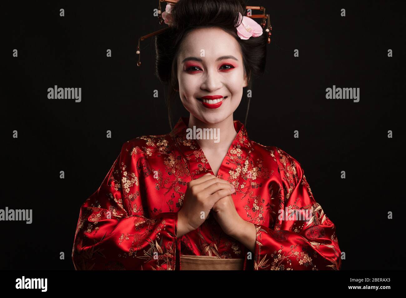 Image of happy geisha woman in traditional japanese kimono smiling ...