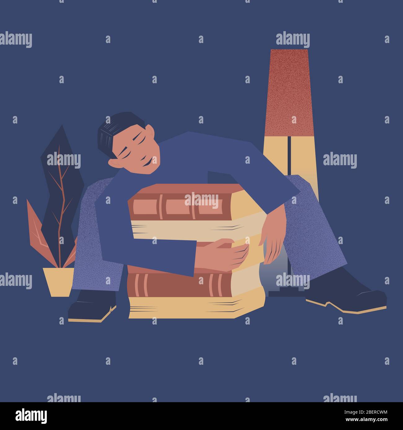Vector illustration with a boy hugging a stack of books Stock Vector ...
