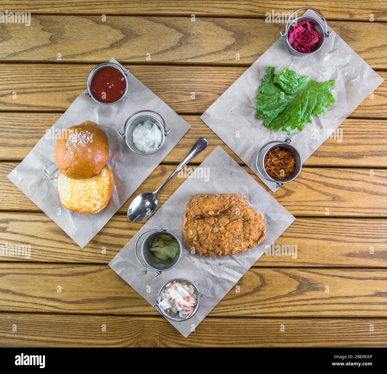 Ingredients for sandwich or burgger with wooden background. Top view of ...