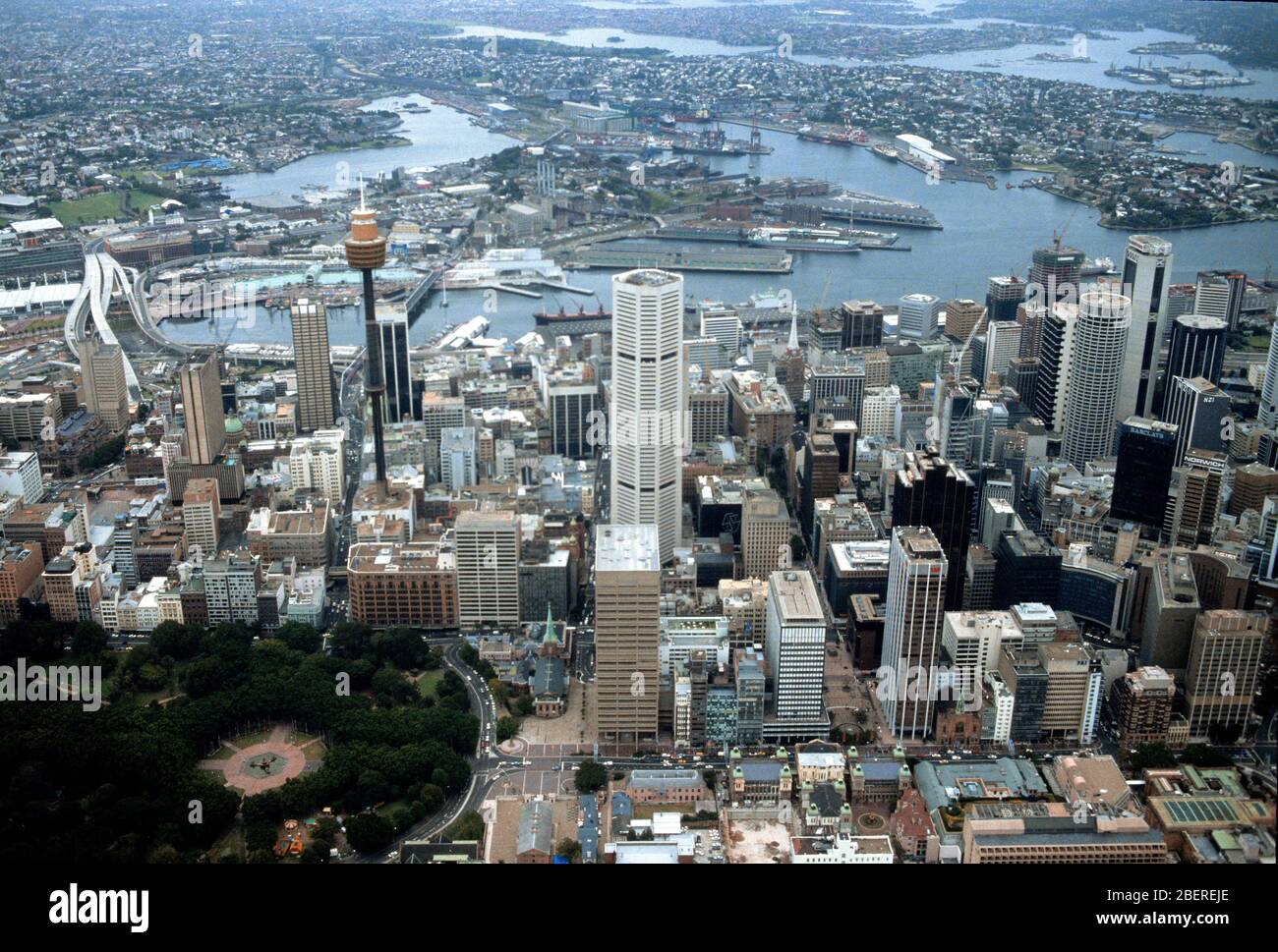 A vintage aerial view of the Sydney skyline and harbour taken in 1989 ...