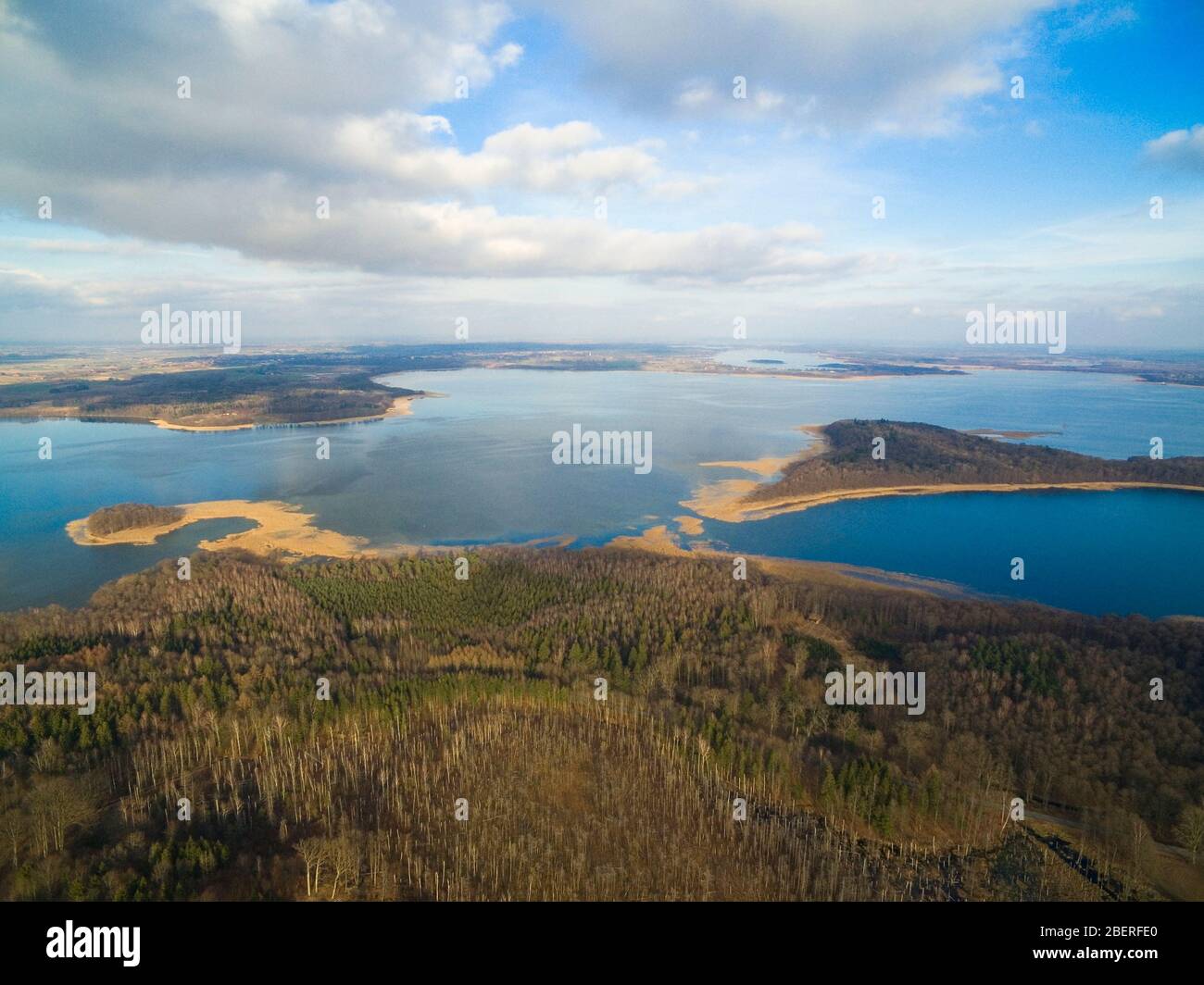 Aerial view of Upalty and Sosnowka islands on Mamry Lake, Mazury ...