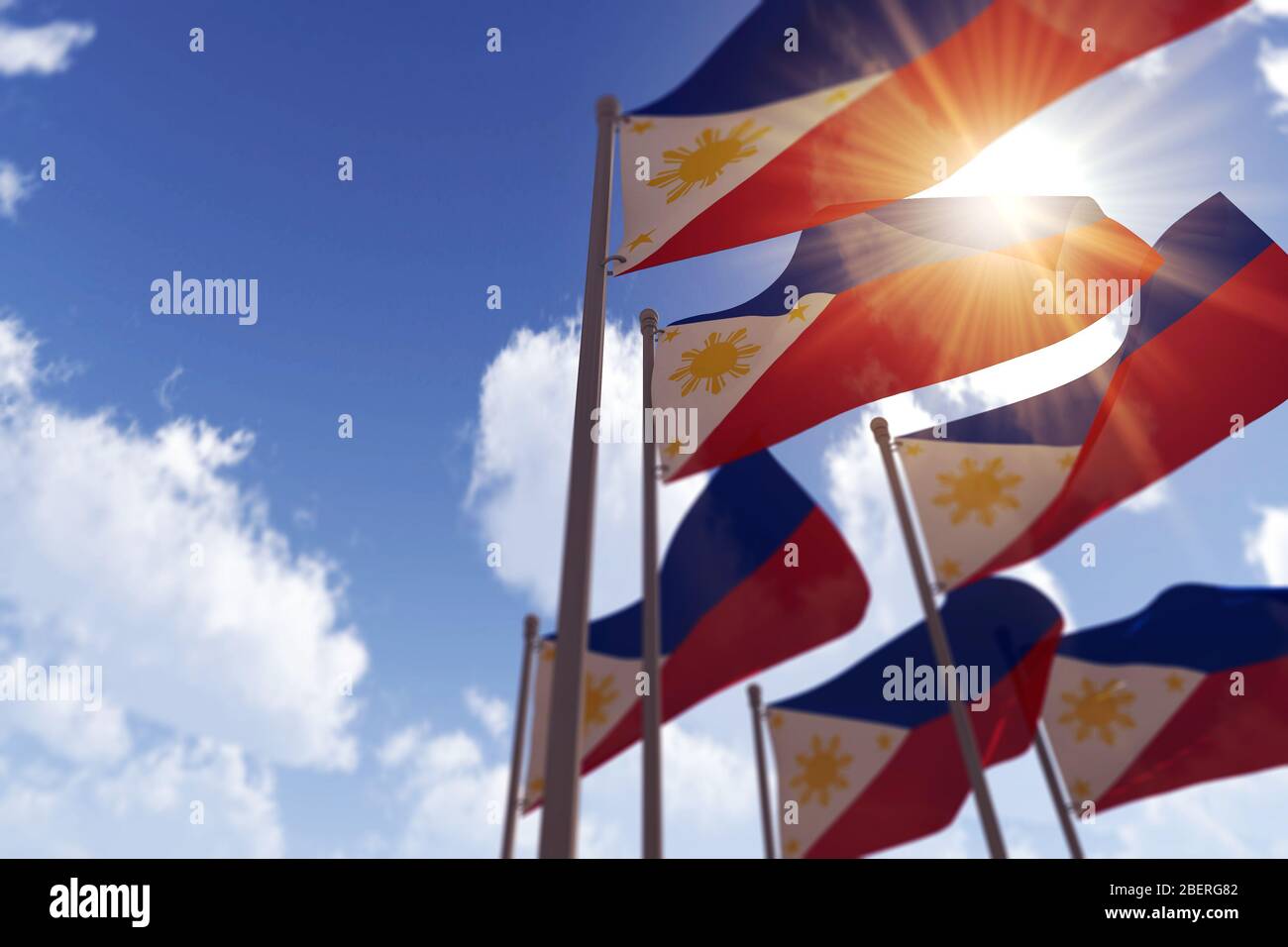Philippines flags waving in the wind against a blue sky. 3D Rendering ...