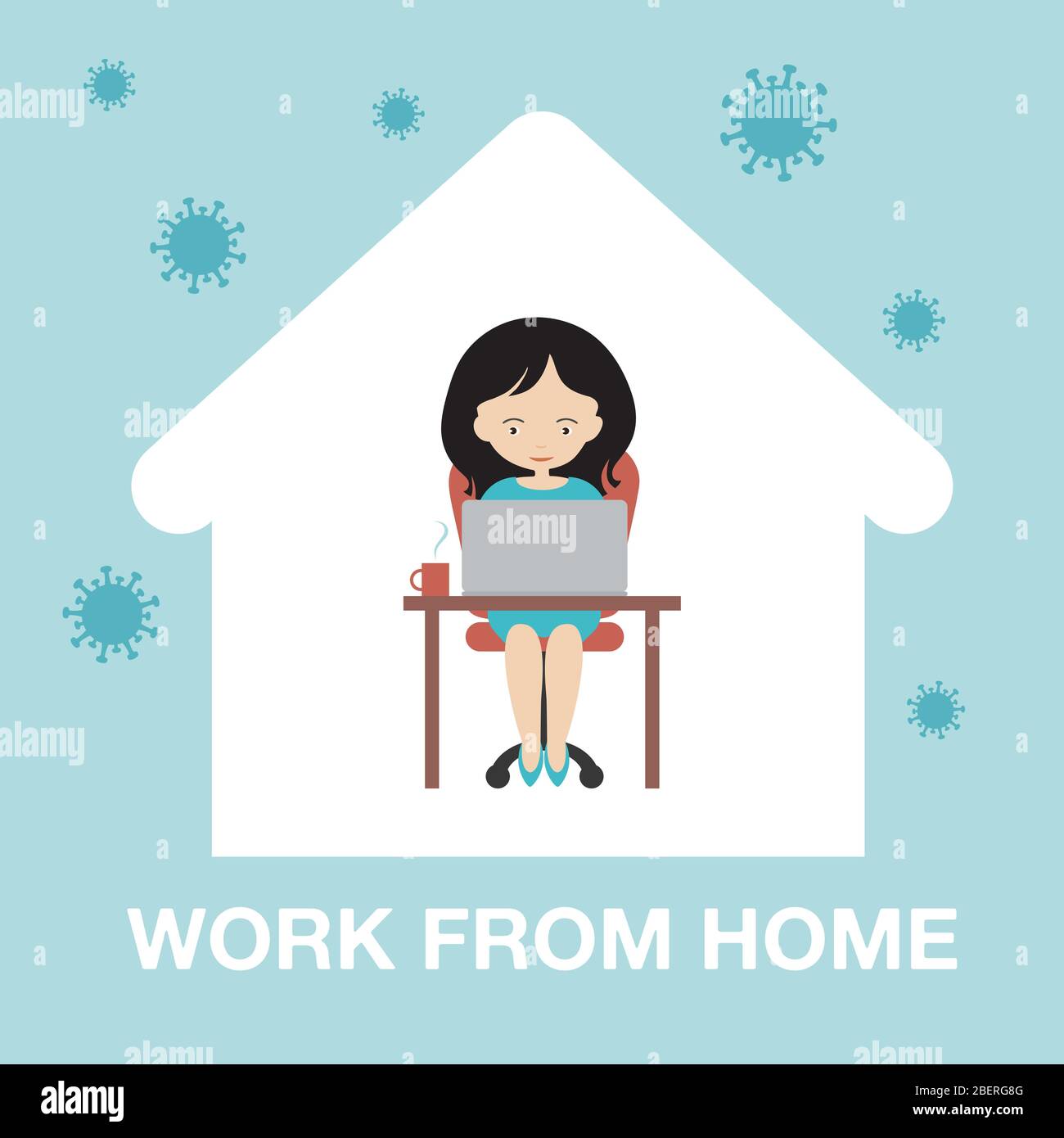Cartoon illustration of a young woman safe at home. Sitting and working ...