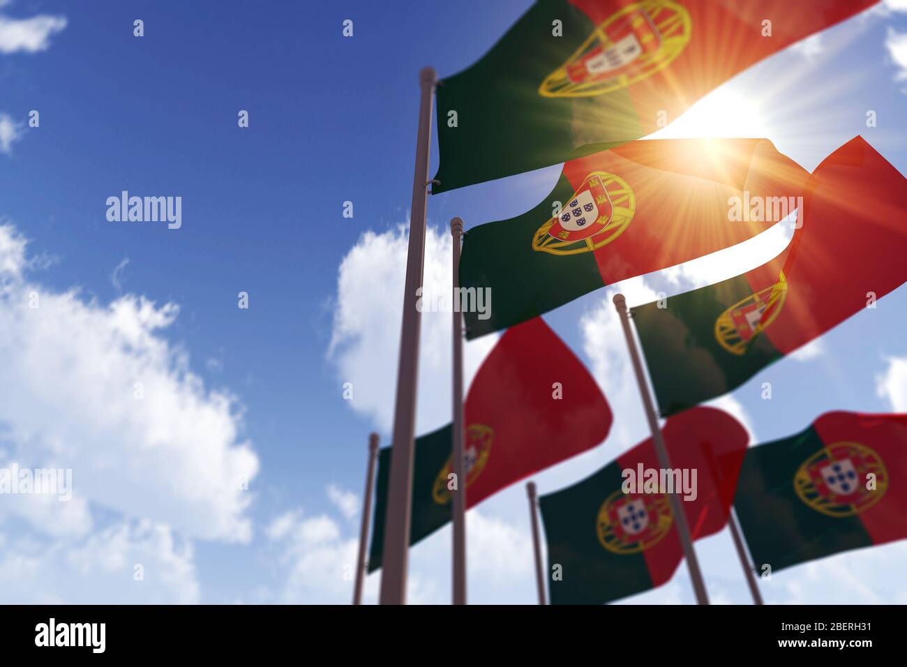 Portugal flags waving in the wind against a blue sky. 3D Rendering ...