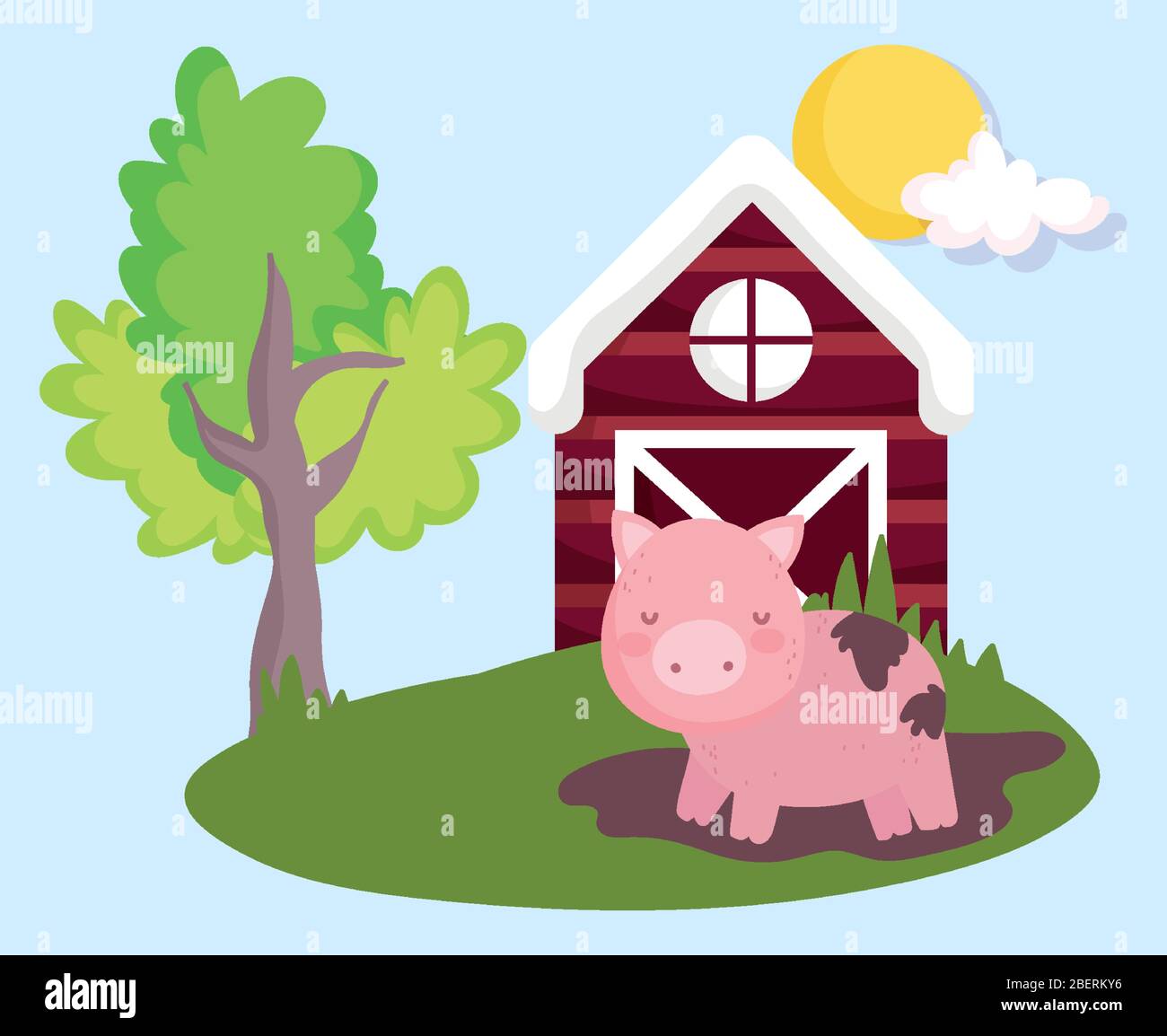 farm animals pig in mud barn tree grass cartoon vector illustration ...