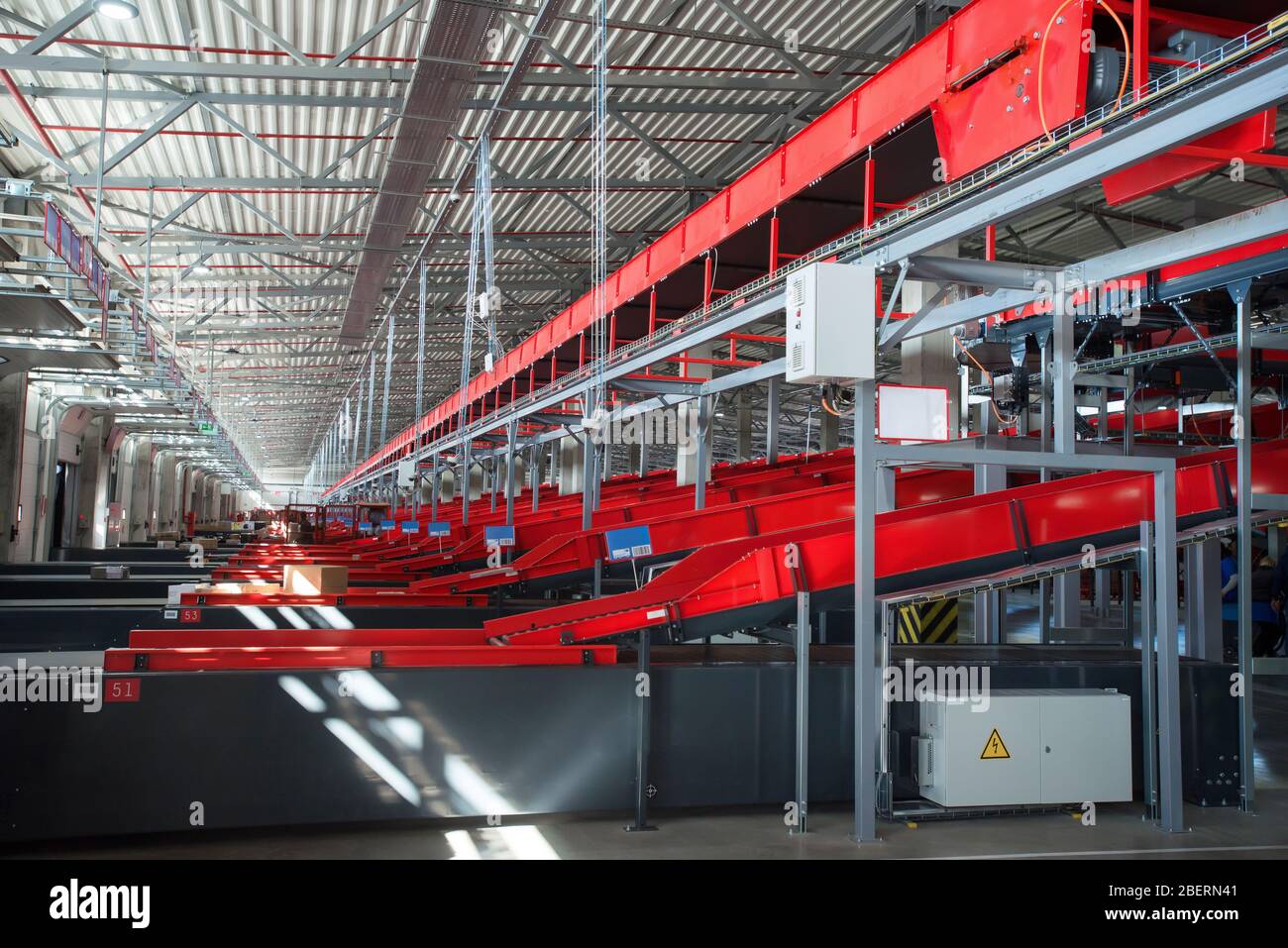 conveyor sorting belt at distribution warehouse. Distribution hub for ...