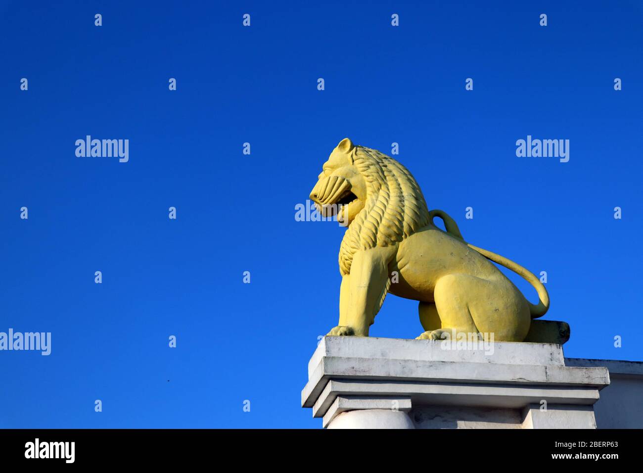 Yellow lion statue isolated on blue sky background. A lion statue at ...