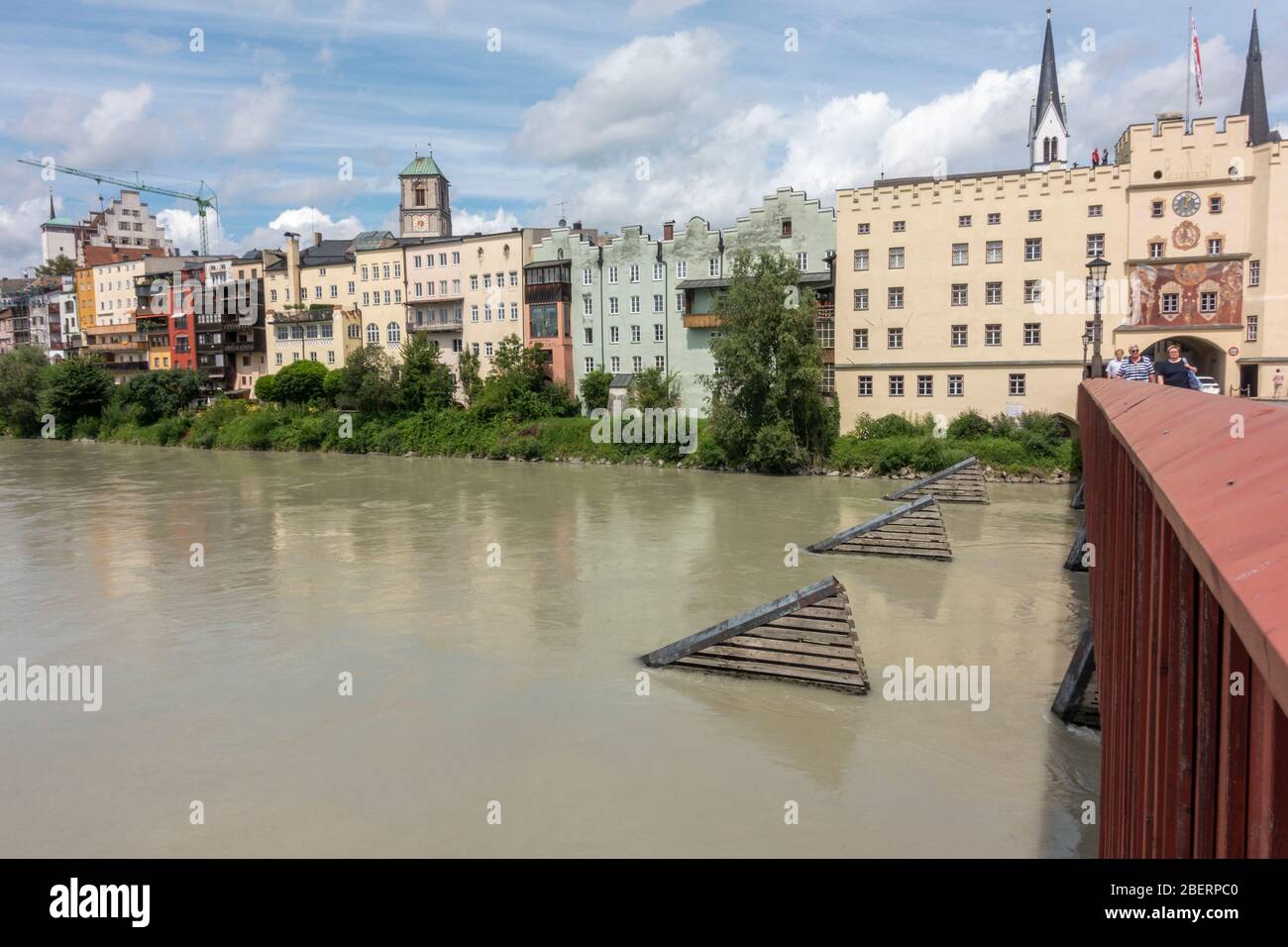 River defenses (breakwaters) upstream of the River Inn Bridge ...