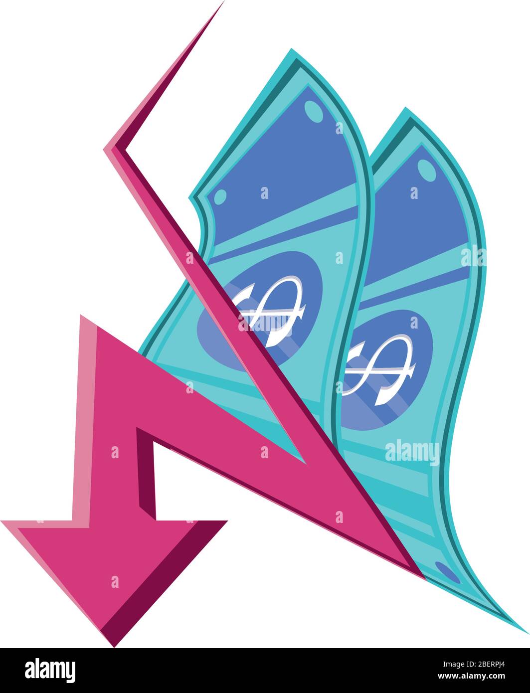 dollar bill with down arrow on white background vector illustration ...