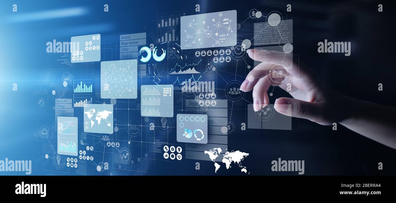 Business intelligence analyst dashboard on virtual screen. Big data ...