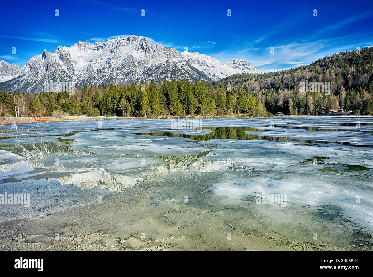 scenic Lautersee Lake in the alp mountains Mittenwald, Germany with ice ...