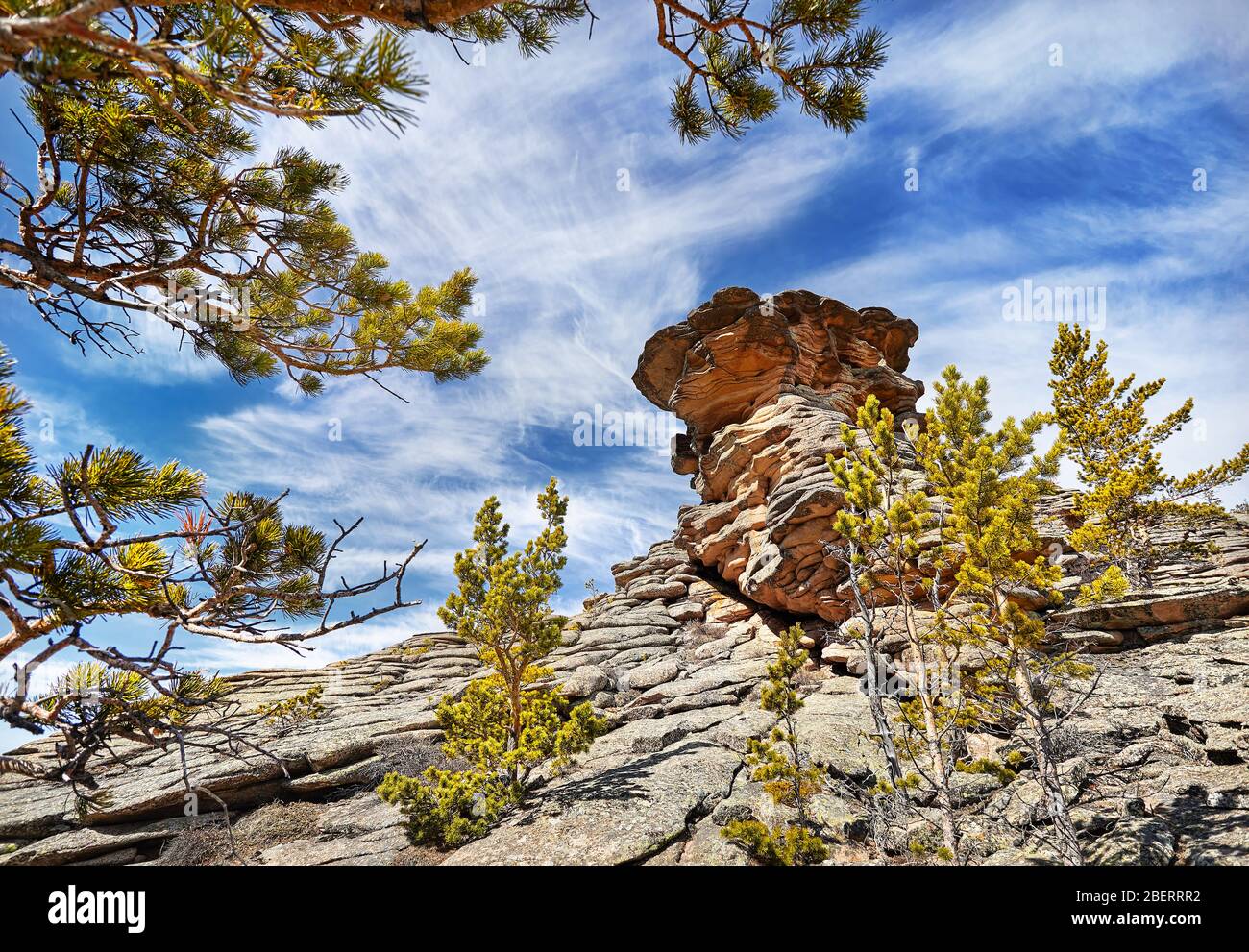 Beautiful rocky mountains of Karkaraly surrounded by forest of national ...