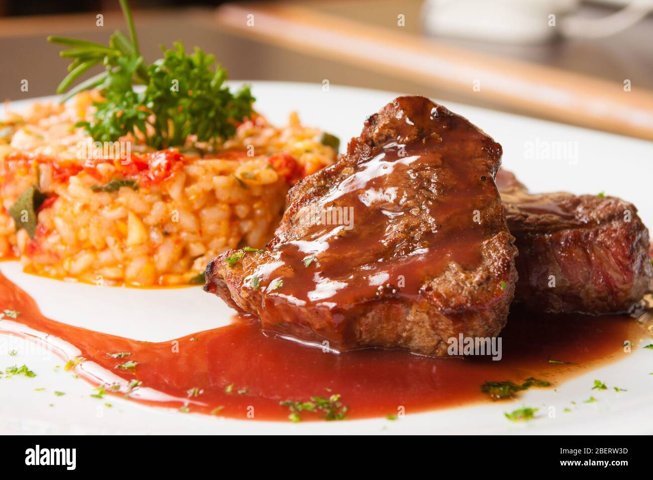 Fillet Mignon with wine sauce and Risotto Stock Photo - Alamy
