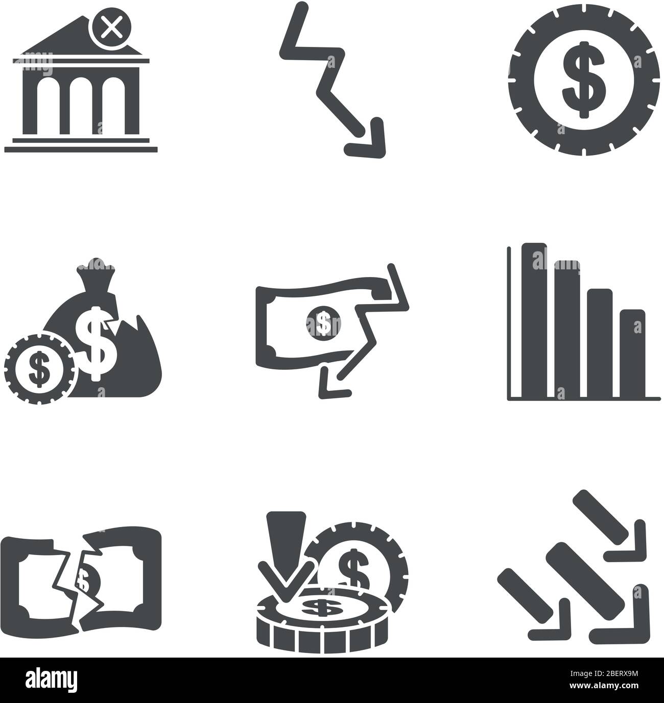 bank and economic recession icon set over white background, silhouette ...