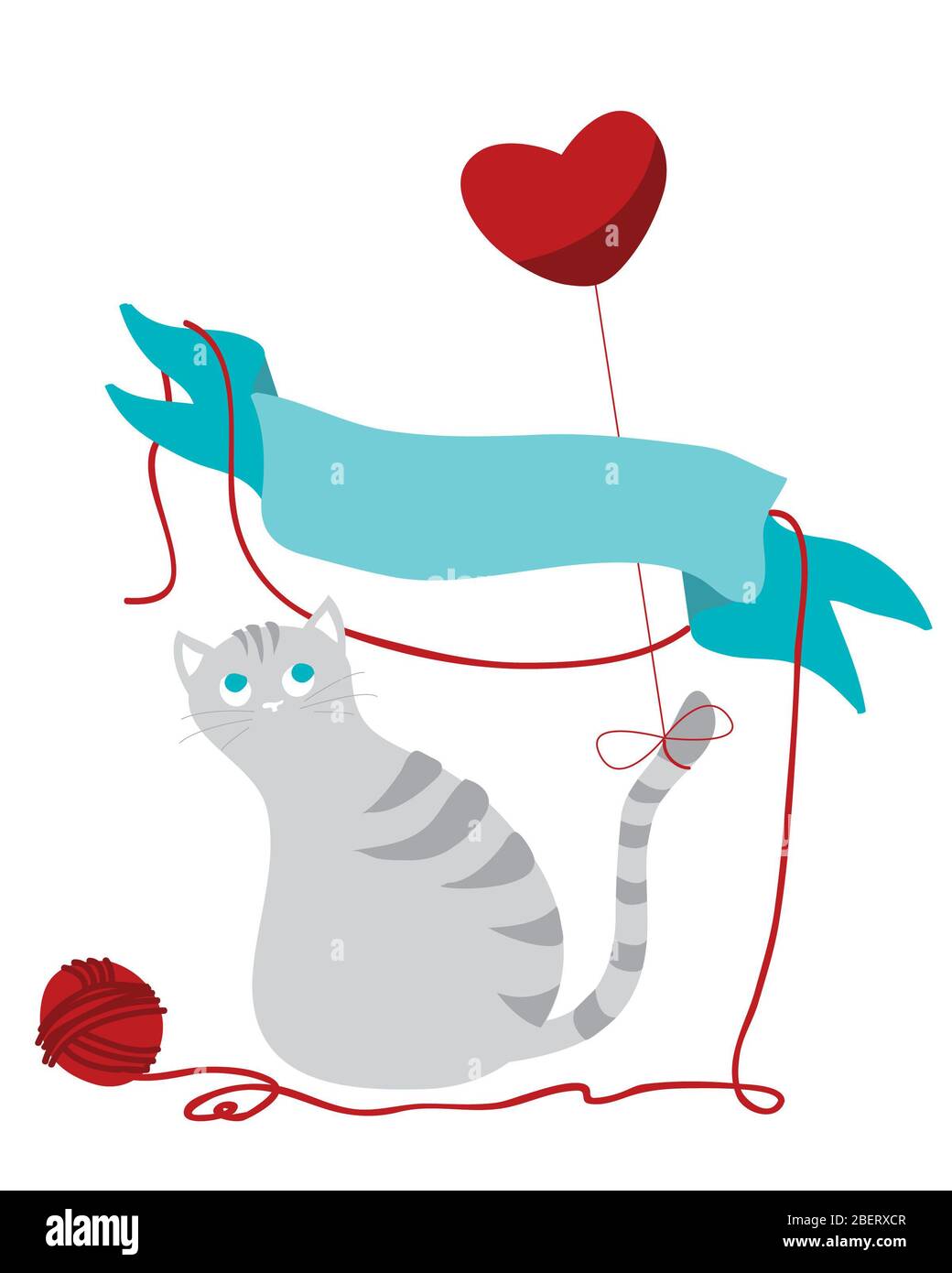 Tabby cat with ribbon banner, heart balloon and yarn Stock Photo - Alamy
