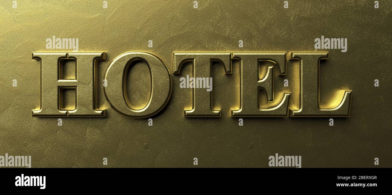 Hotel word, lodging message. Accommodation concept. Inflated gold color ...