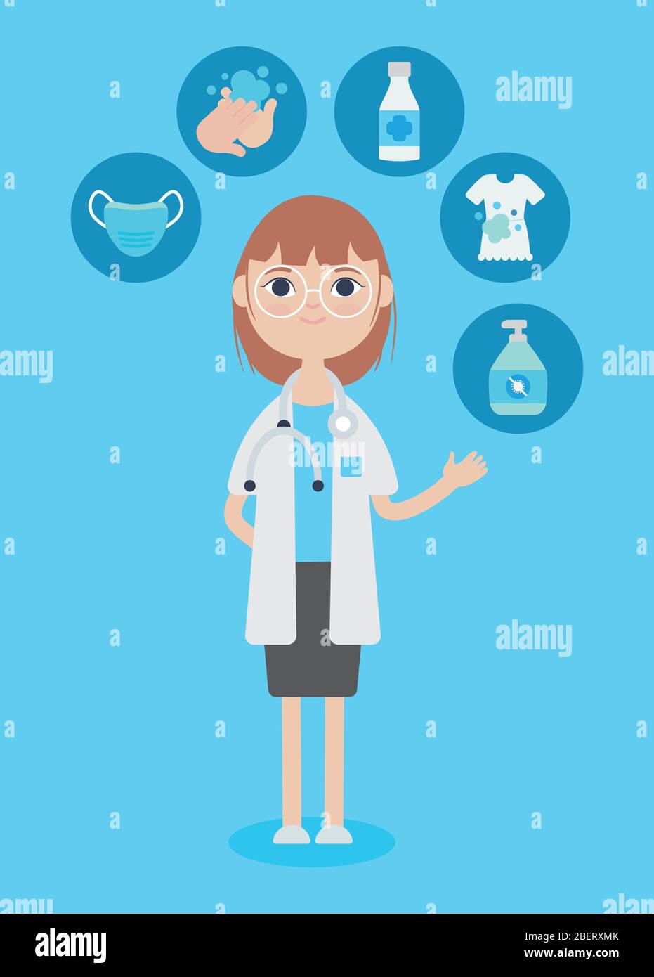 cartoon doctor woman and cleaning preventions symbols over blue ...