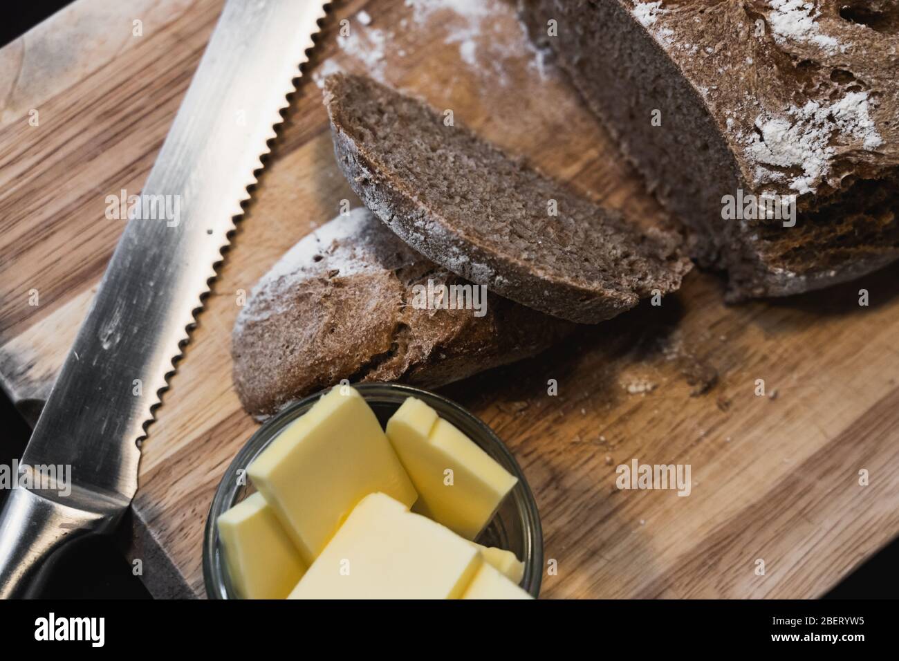Fresh Home baked bread, rustic loaf flour, knife, tray wooden board ...