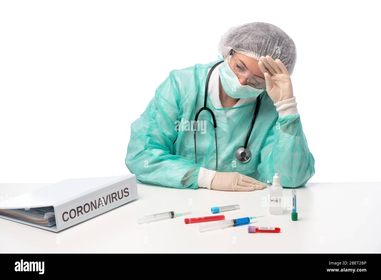 Tired doctor nurse in laboratory laboratory of the hospital sitting at ...