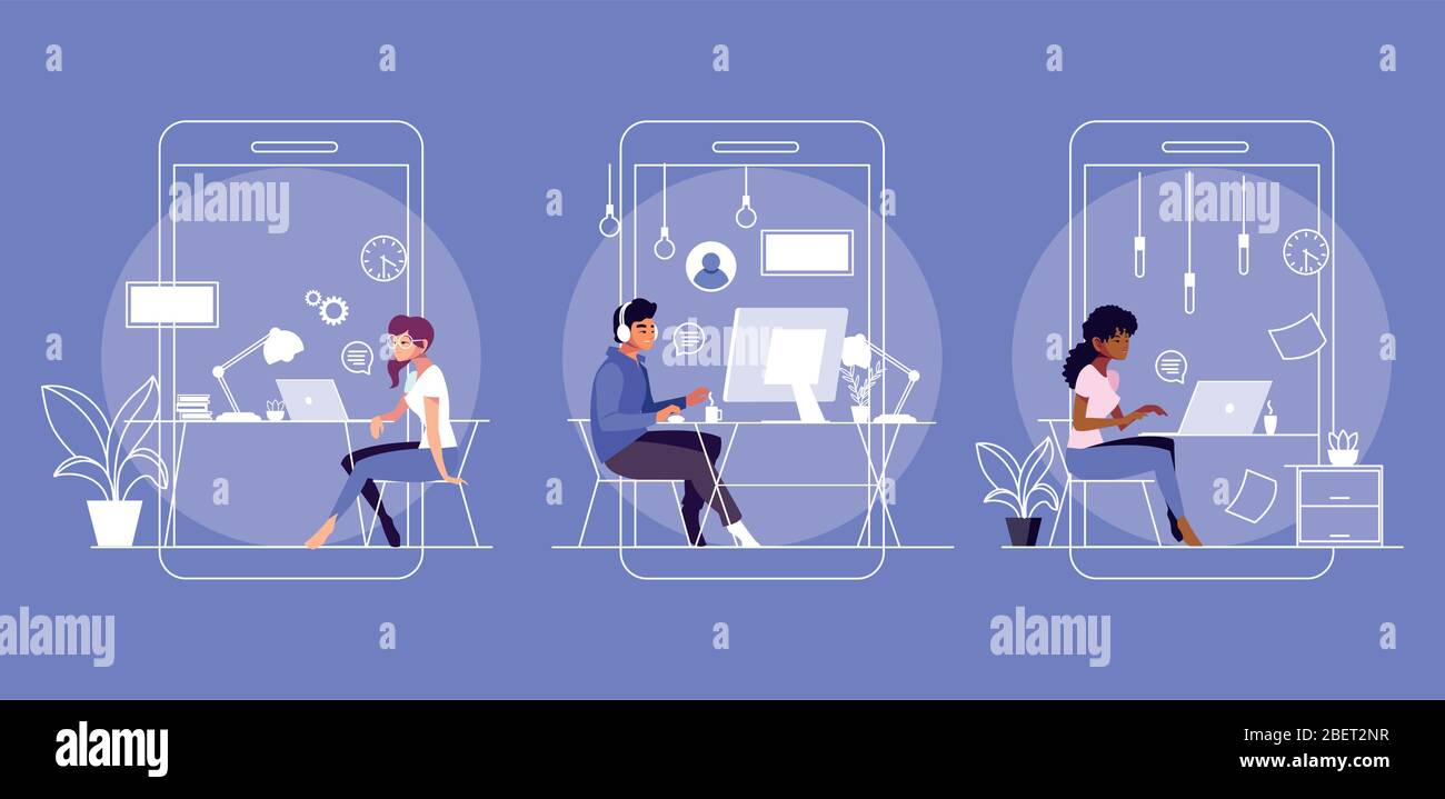 set of cards people working from her home vector illustration design ...