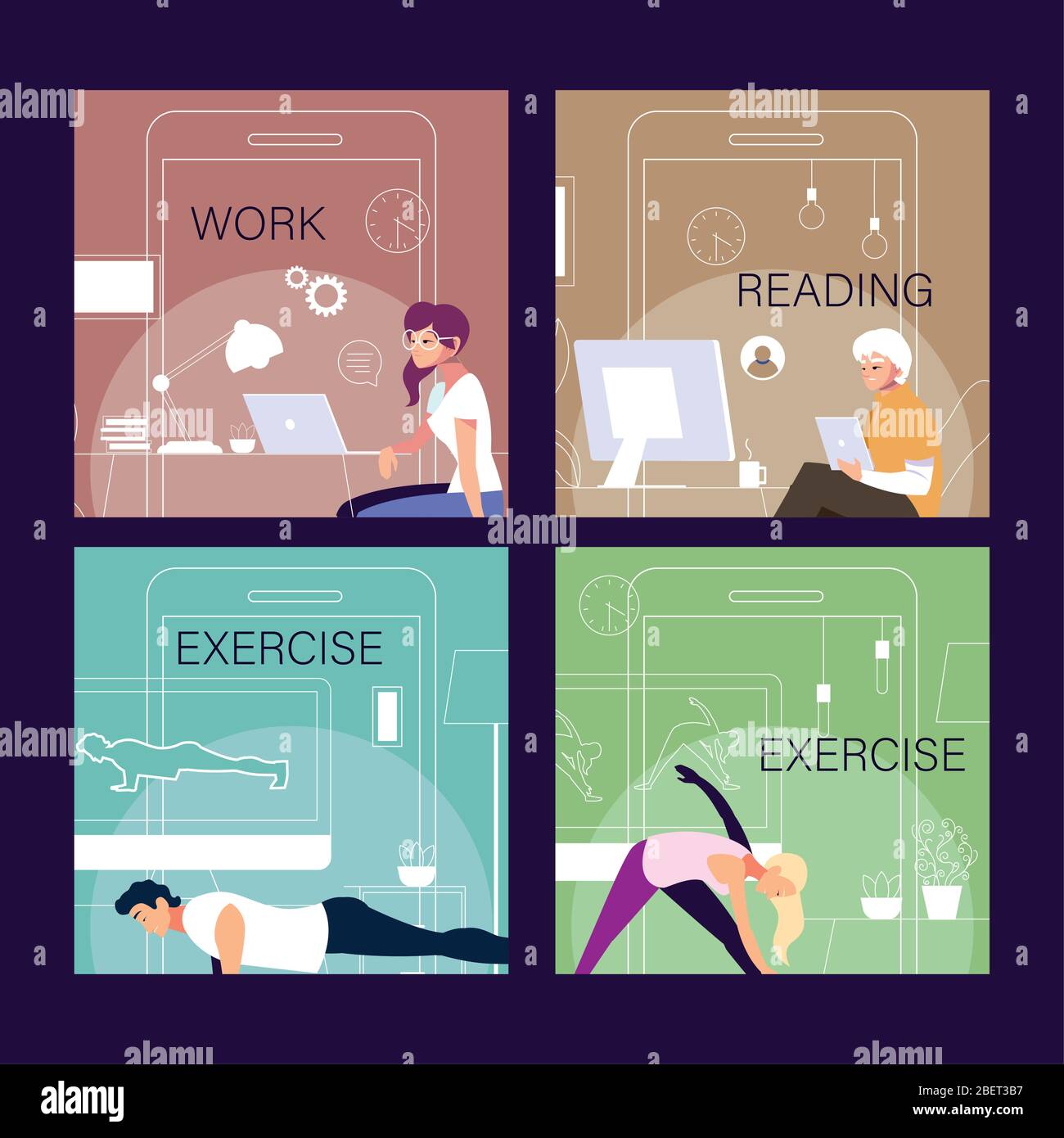 set of cards with people in online activities vector illustration ...