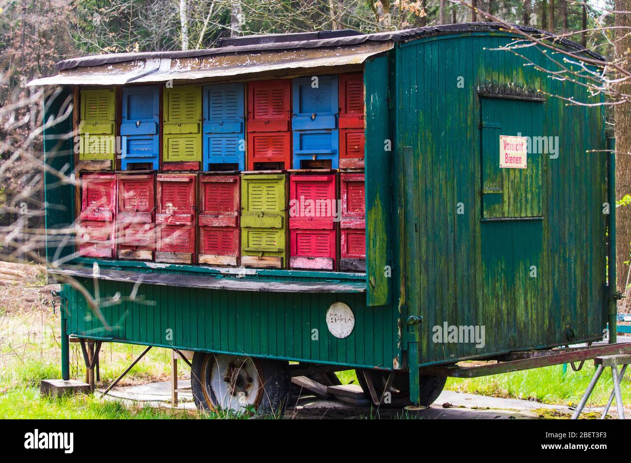 old bee keeping wagon with colorful bee hives in the forest - Warning ...