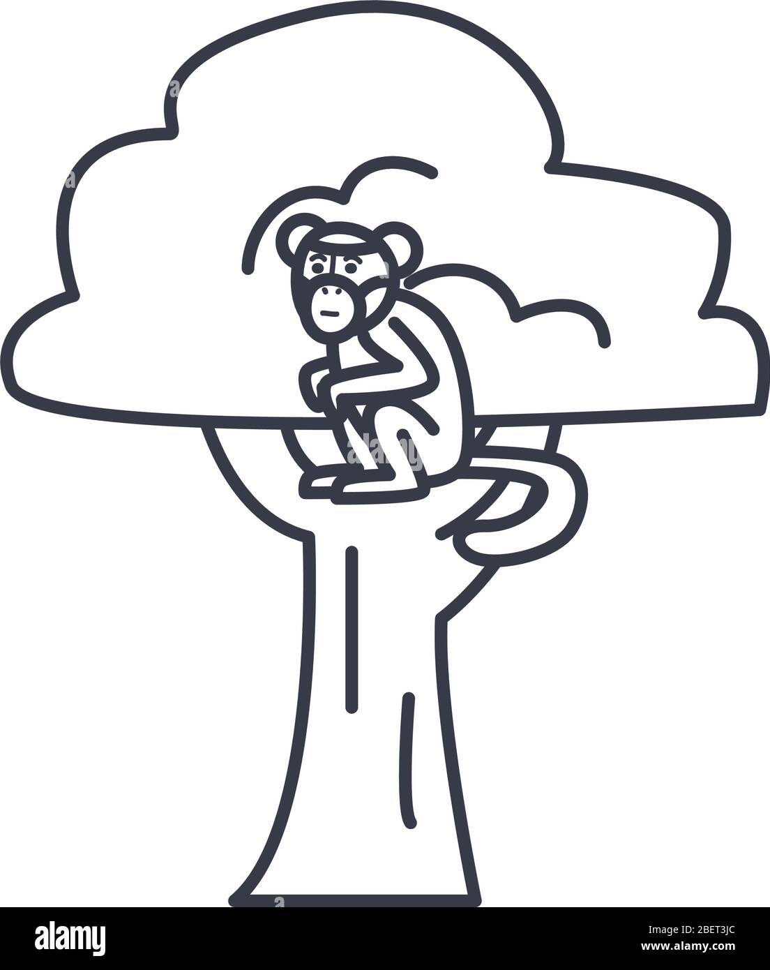 monkey on a tree icon over white background, line style, vector ...