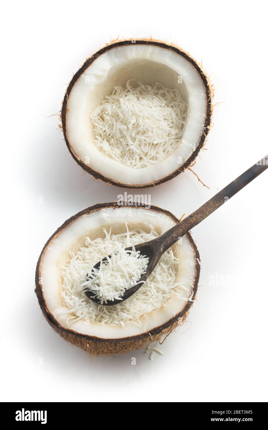 Fresh Grated Coconut isolated on white background Stock Photo - Alamy