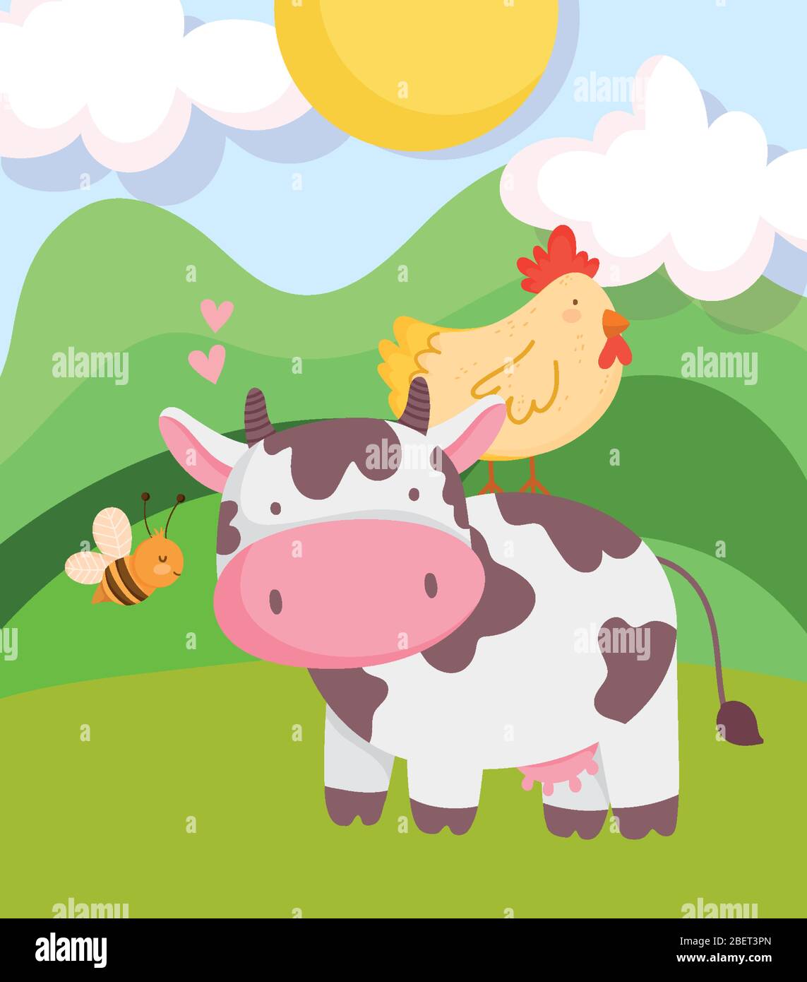 farm animals cow hen and flying bees cartoon vector illustration Stock ...