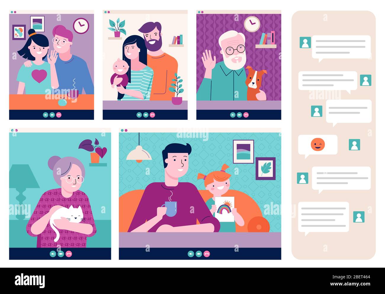 Family, grandparents, children, couple, young people video chatting on ...