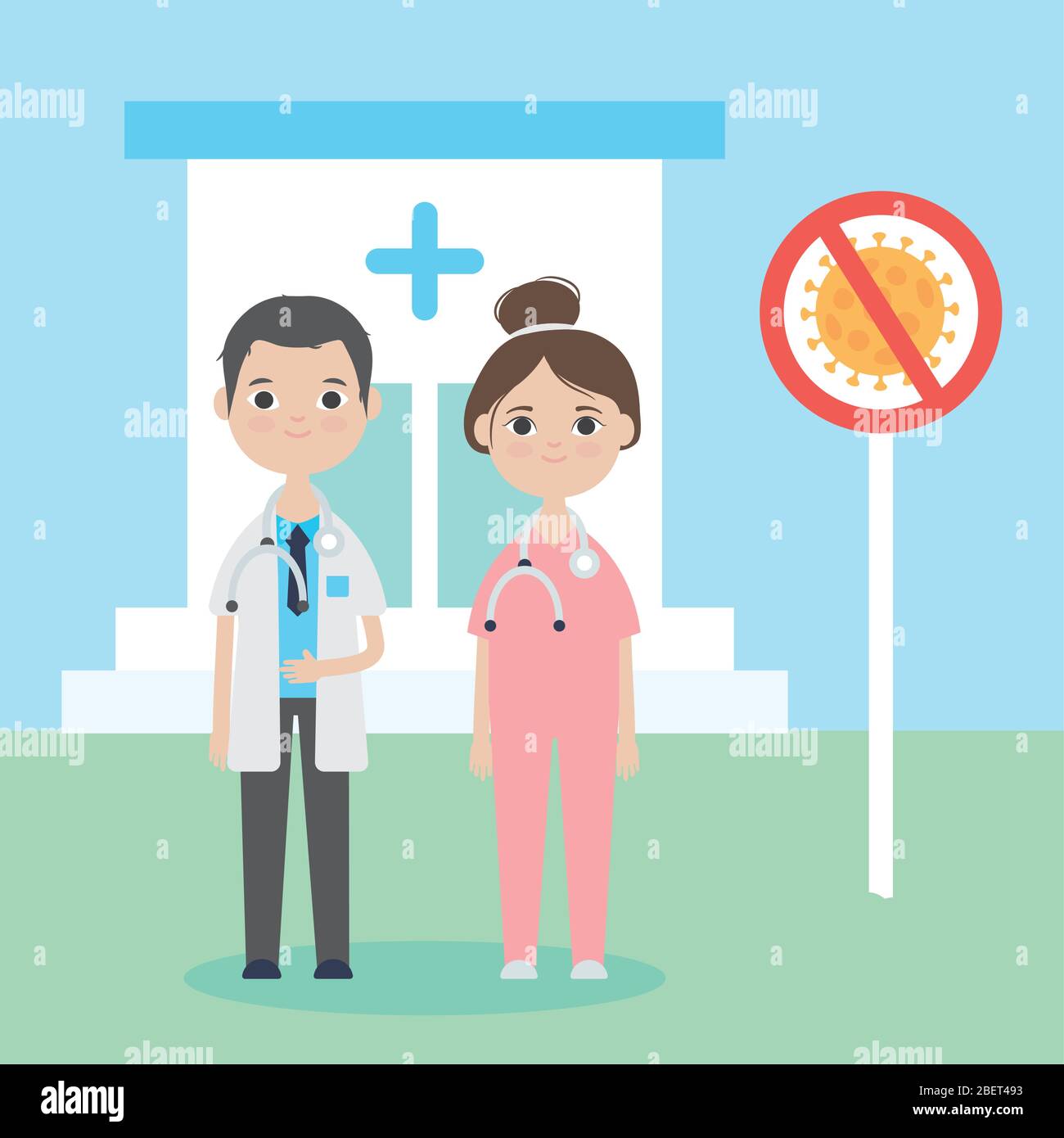 cartoon doctor woman and man standing next to stop covid 19 sign over ...