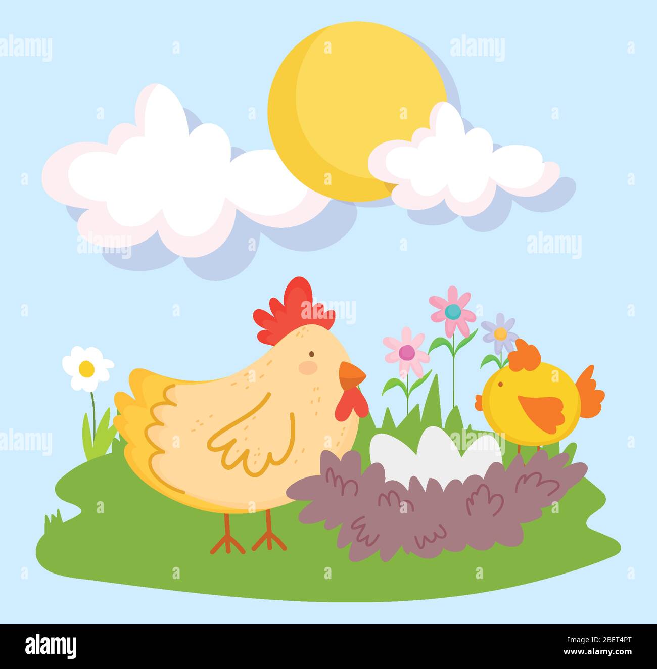 farm animals hen with nest chicken and eggs flowers cartoon vector ...