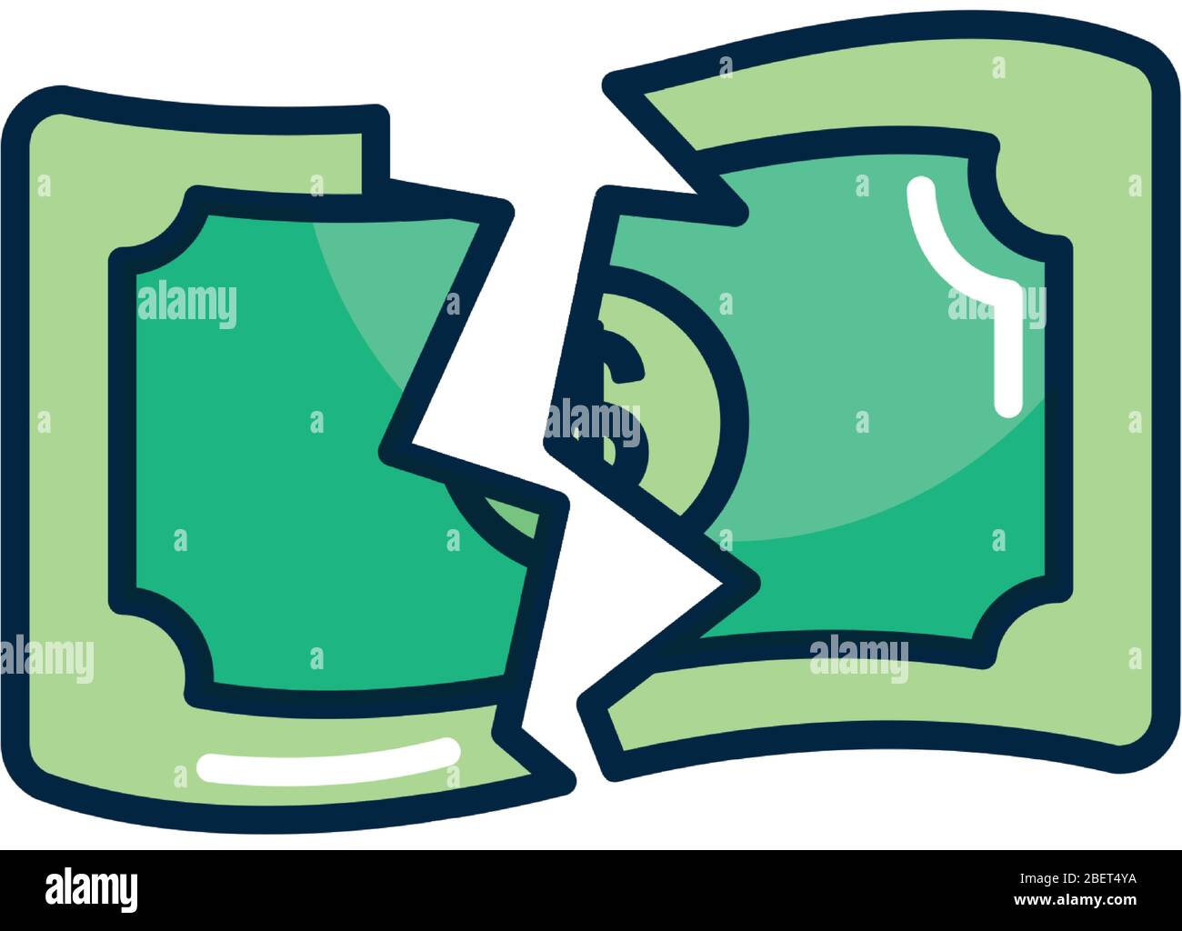 financial broke concept, money bill split in two over white background ...