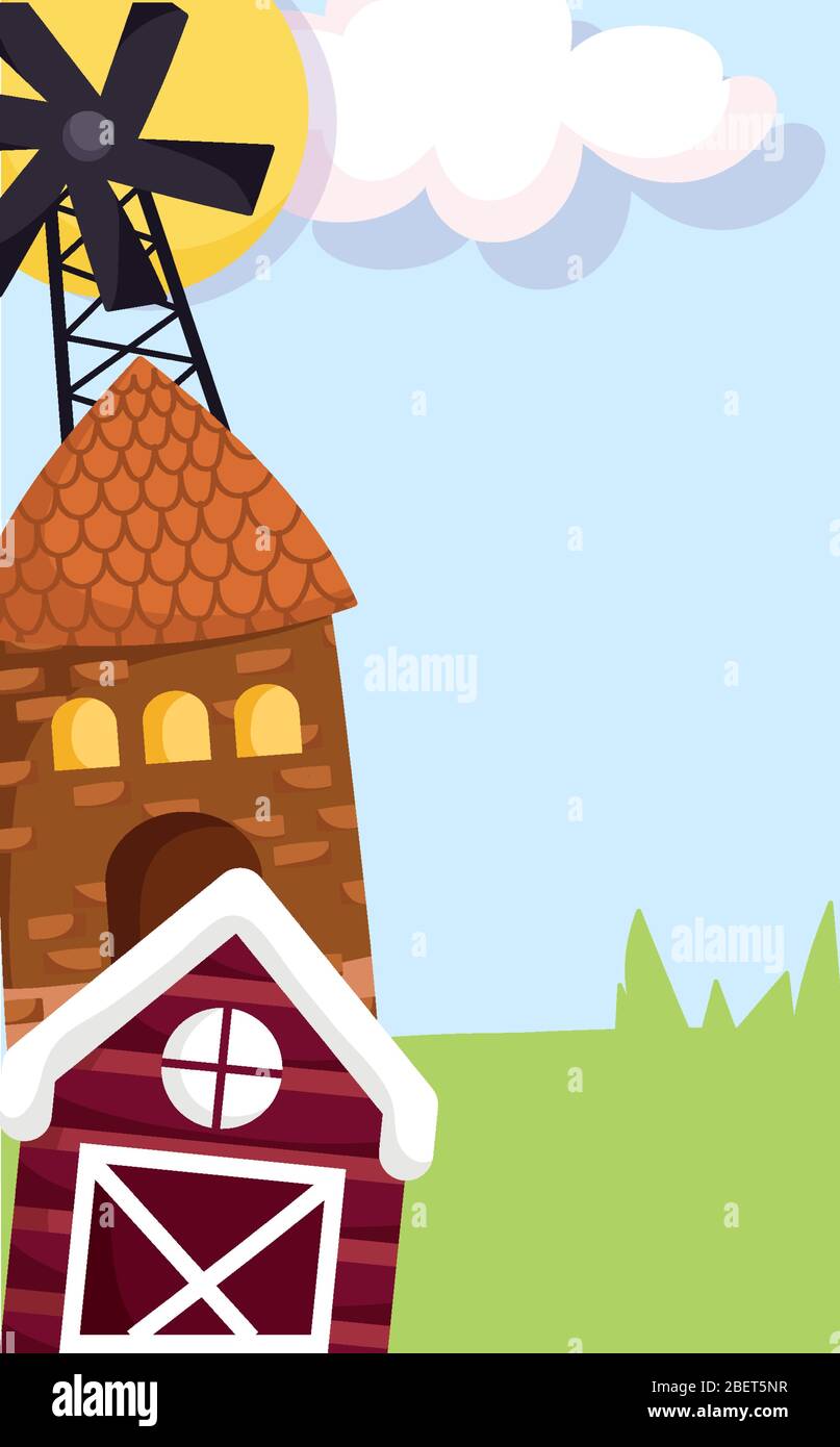 farm animals windmill house barn grass cartoon design vector ...