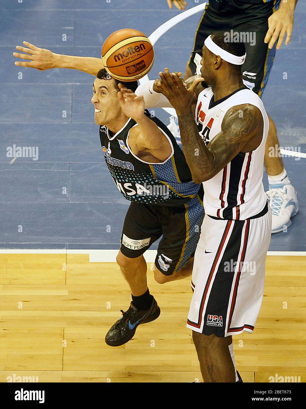 USA's LeBron James (r) and Argentina's Pablo Prigioni during friendly ...