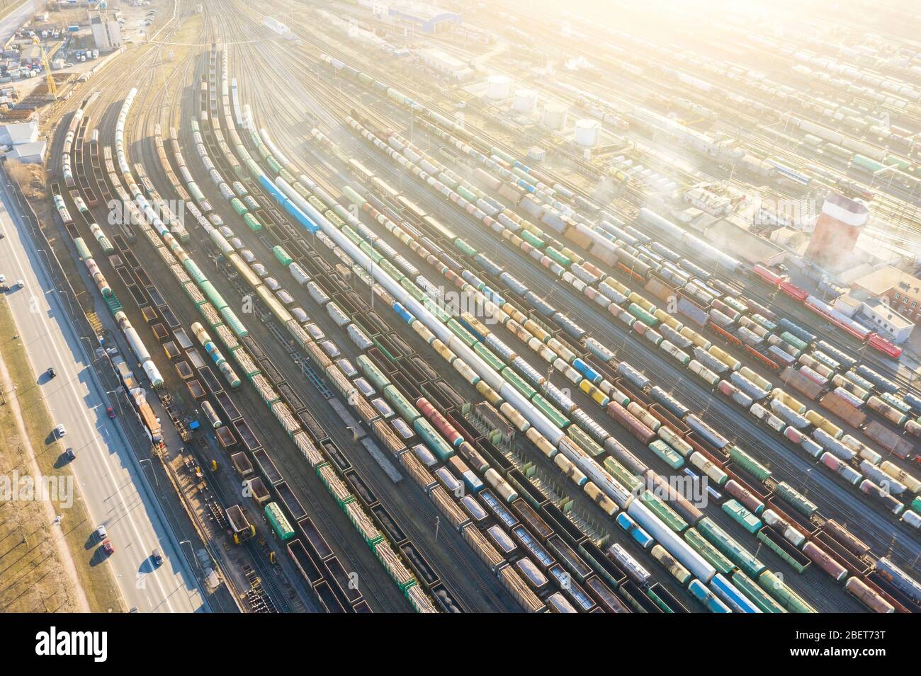 Aerial view of railroad tracks long trains, cargo sorting station. Many ...