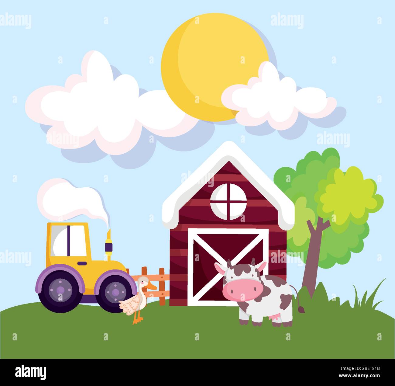 farm animals barn tractor cow and goose grass cartoon vector ...