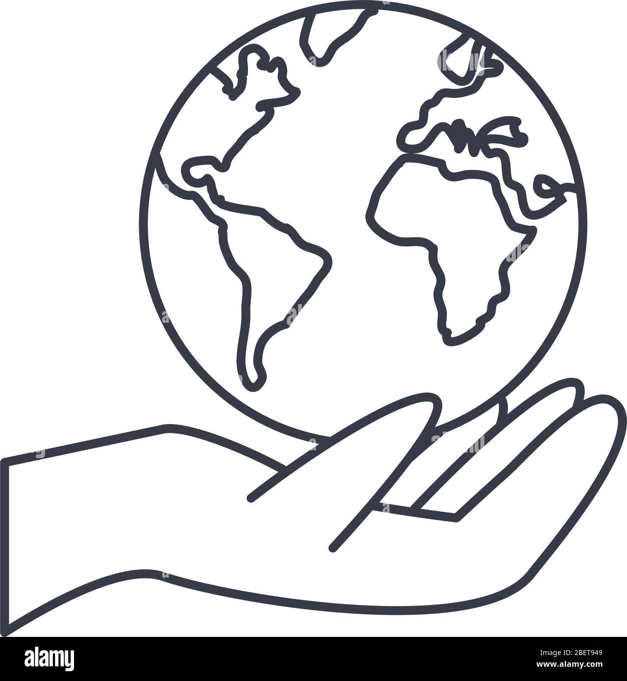 hand with earth planet icon over white background, line style, vector ...