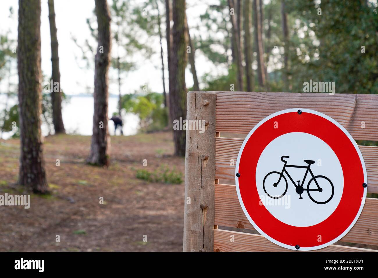 white with red border round road sign No Cycling on a blurred park ...