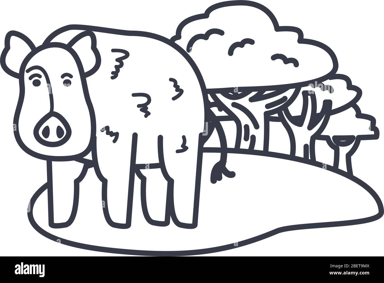 pig and trees around icon over white background, line style, vector ...