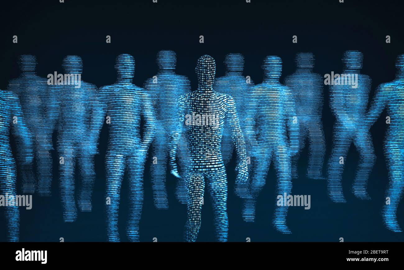 crowd of walking digital people. The concept of the symbiosis of man ...