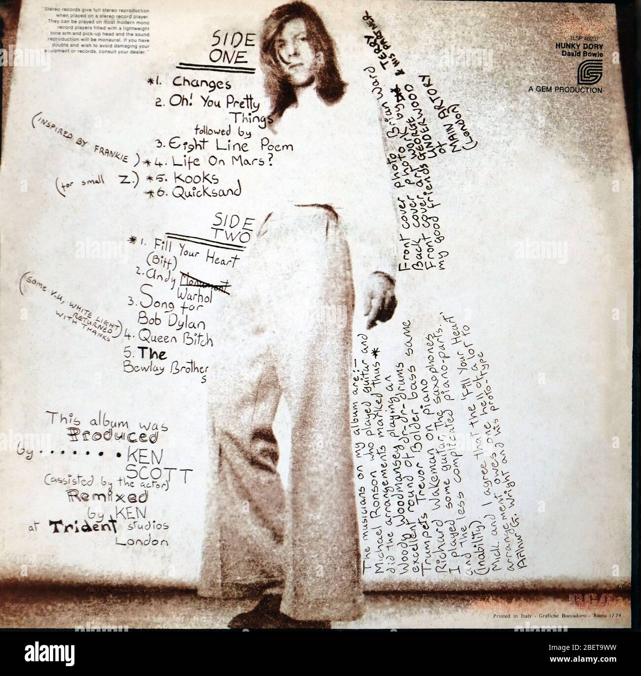 David Bowie: LP back cover 'Hunky Dory' Stock Photo - Alamy