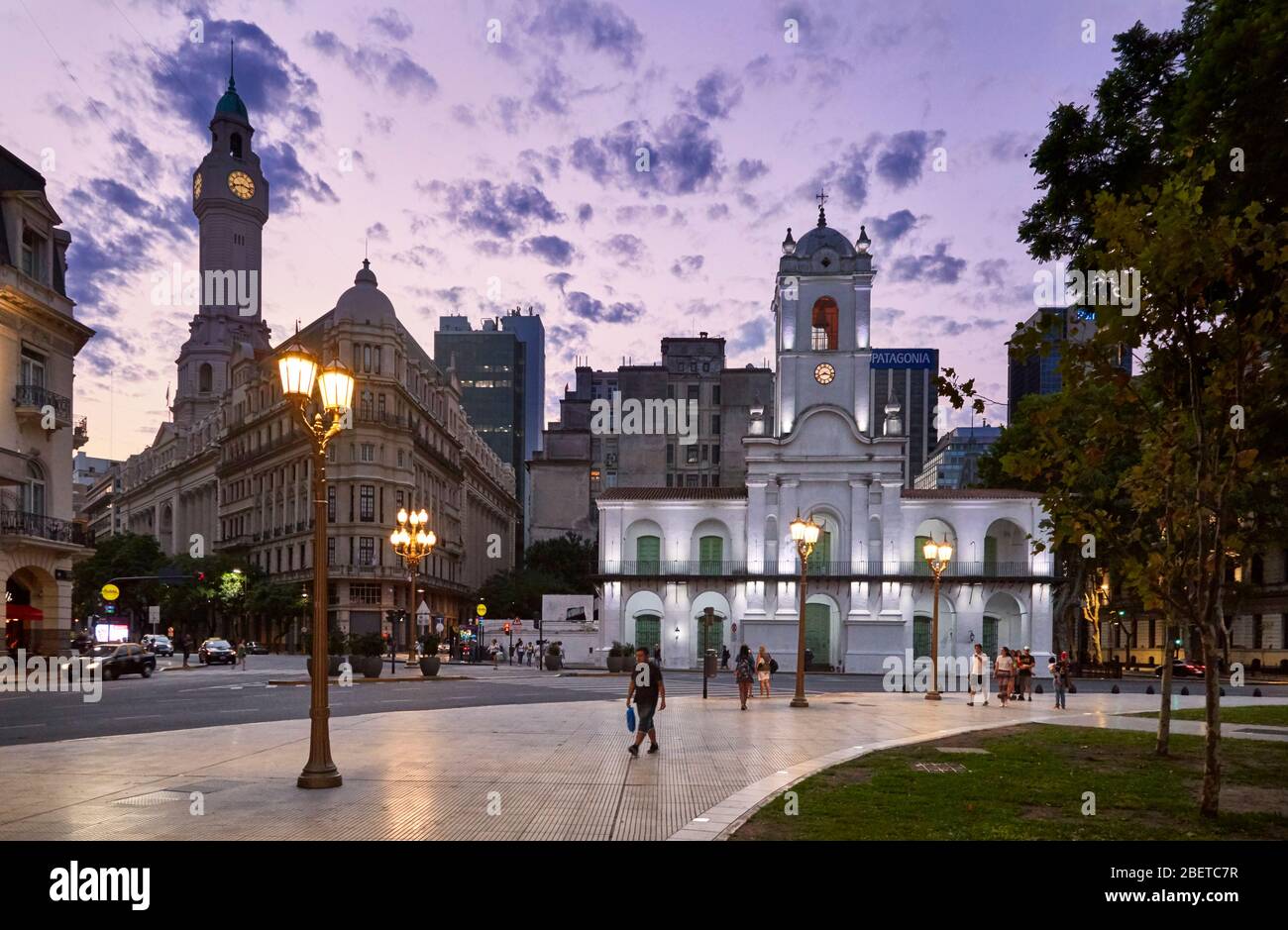 Plaza de Mayo (May Square) and cabildo building, at dusk. Buenos Aires ...