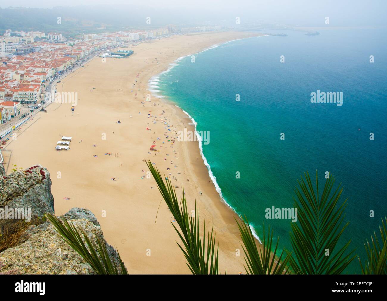 Portugal, Nazare coastline view, panoramic view of Nazare Town, blue ...