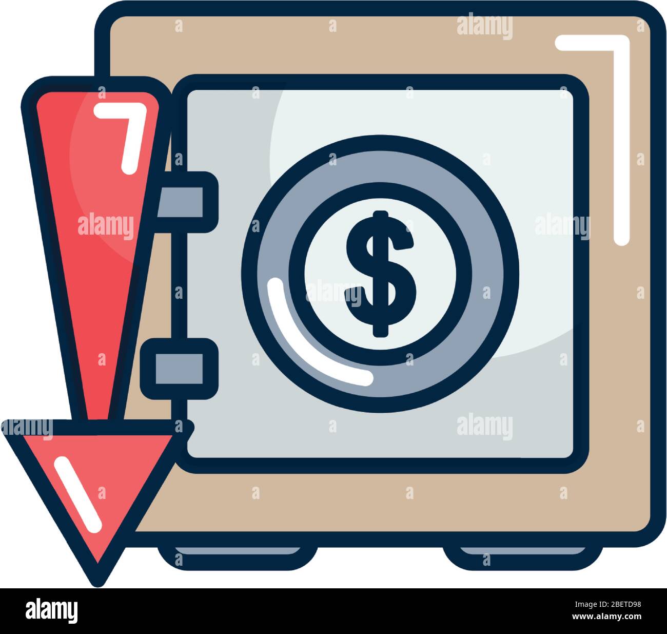economic recession concept, strongbox and arrow down icon over white ...