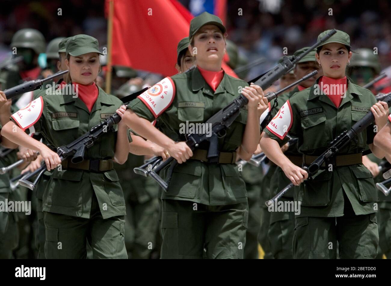 Venezuelan reserve troop female soldiers march during a military parade ...