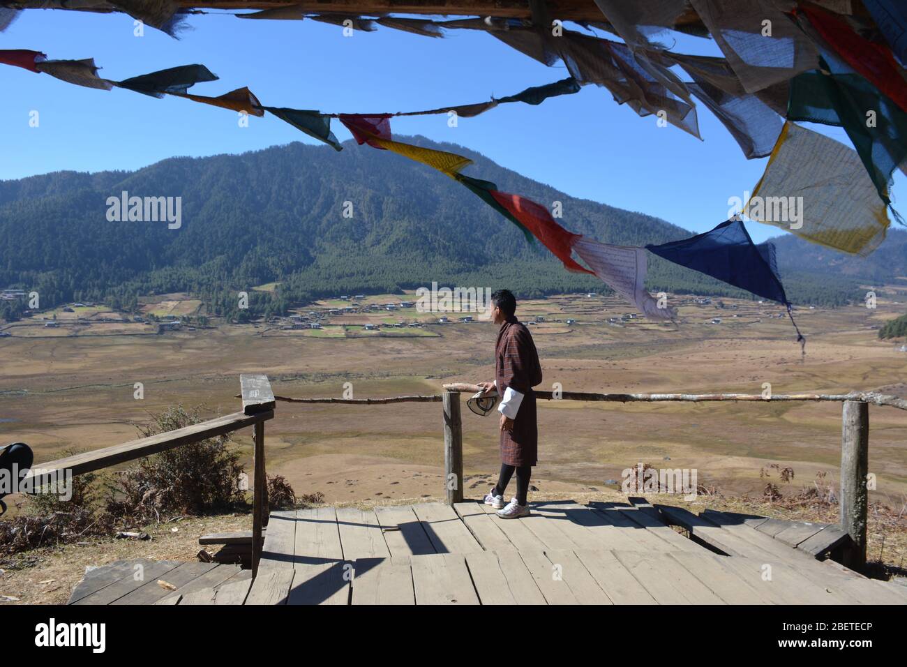 A tour guide looks out over part of the Phobjikha Valley, Bhutan Stock ...