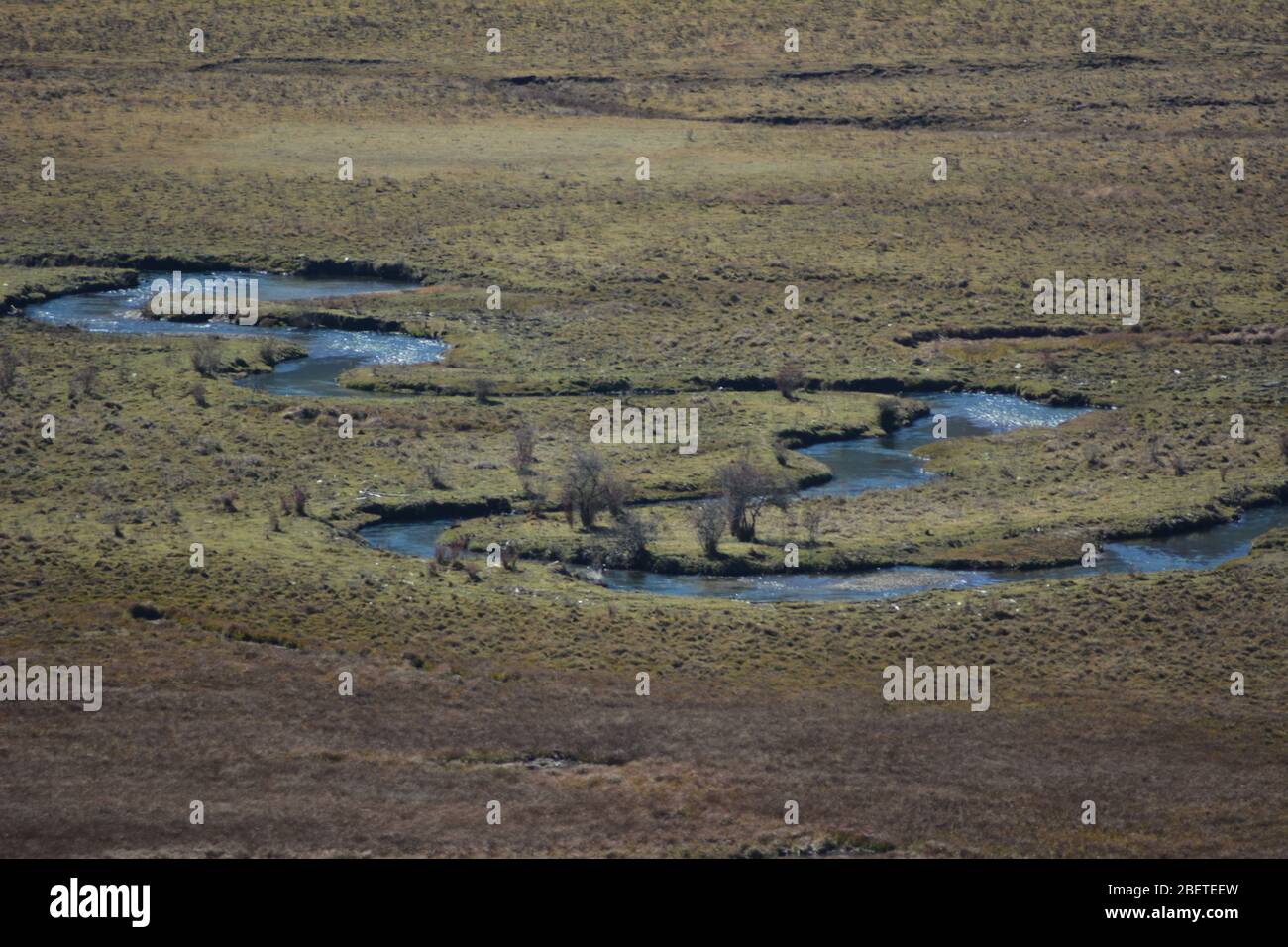 A river winds through the landscape of the Phobjikha Valley, Bhutan ...